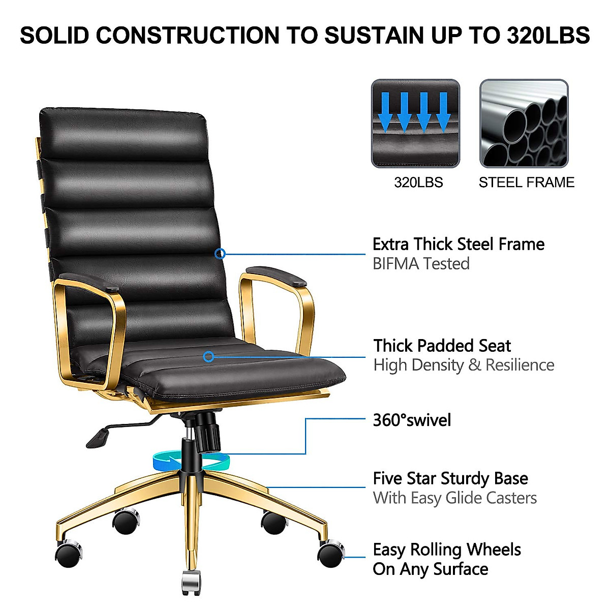 LUXMOD Office Chair, high Back Desk Chair for Removable Cover and Lumbar Support, Black Executive Chair, Ribbed Office Chair with Leather, Ergonomic Office Chair Leather Black