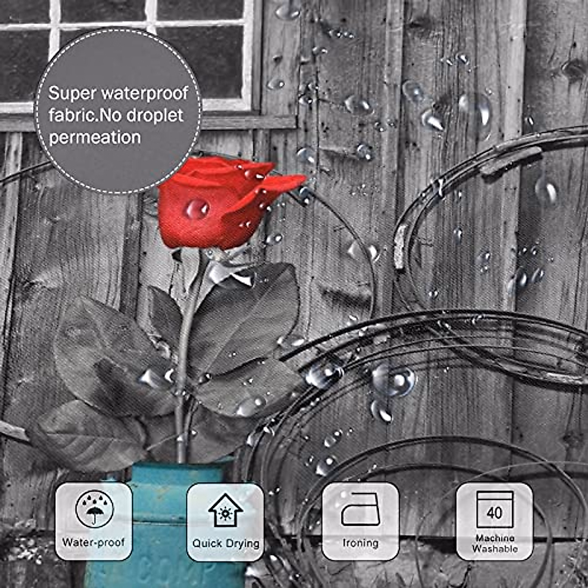 4 Piece Country Farmhouse Life Blue Pot Flowers Red Rose Shower Curtains Sets with Non-Slip Rugs, Toilet Lid Cover and Bath Mat, Bathroom Sets with Shower Curtain and Rugs and Accessories