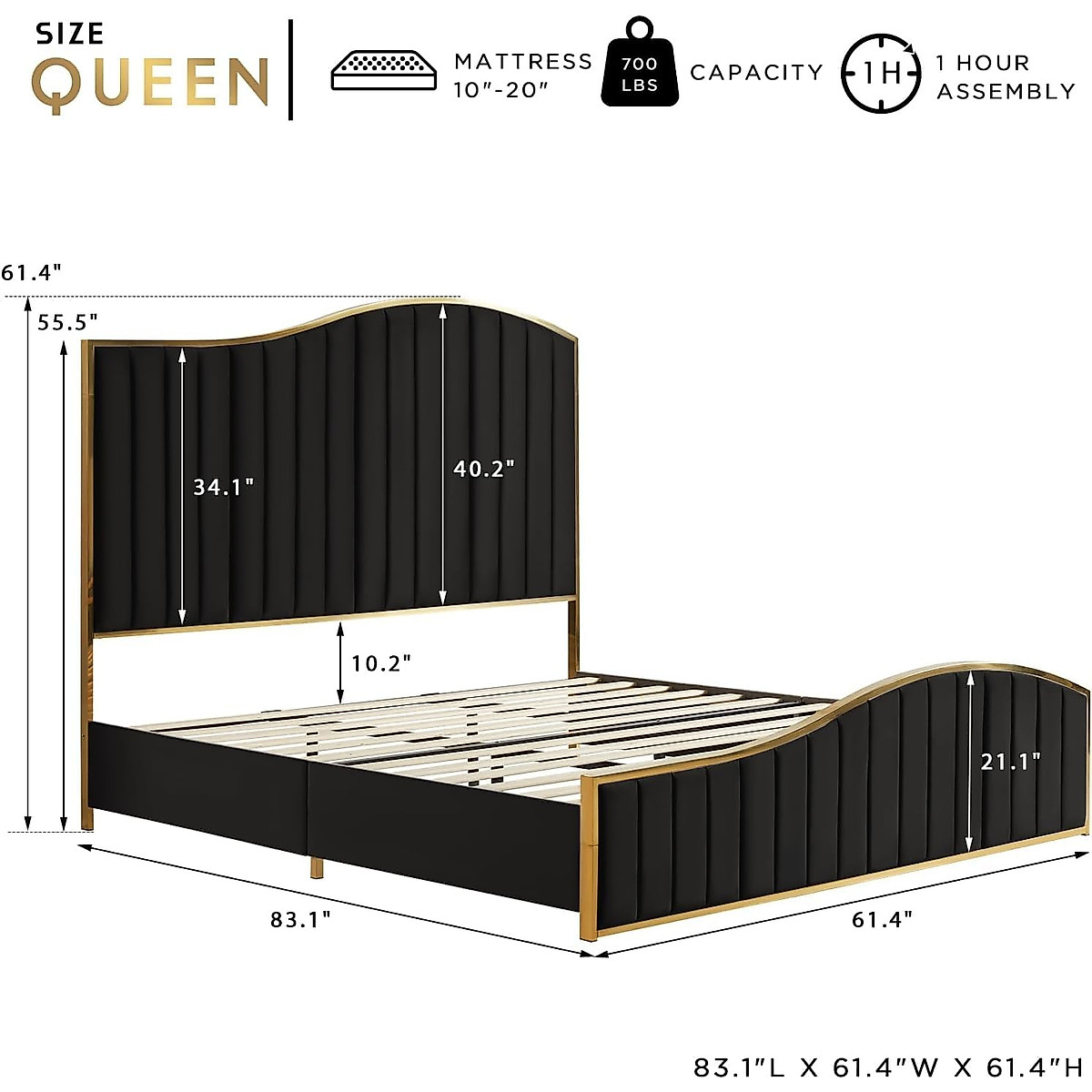 AMERLIFE Queen Size Bed Frame, 61.4" High Headboard Platform Bed Velvet Upholstered with Gold Trim & Footboard/Wooden Slats/No Box Spring Required/Black