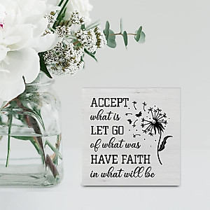 YIDOU Inspiration Dandelion Wood Box Sign Decor Desk Sign Accept What is Let Go of What was Have Faith in What Will be Wooden Box Block Sign Rustic Home Living Room Shelf Wall Decoration