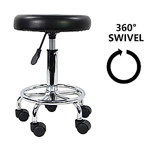KKTONER PU Leather Modern Round Rolling Stool with Footrest Height Adjustable Spa Drafting Salon Tattoo Work Massage Stools Task Chair Small (Black)