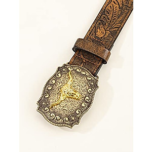 Verdusa Women's Vintage Western Leather Buckle Belt Yellow Brown Cattle 70