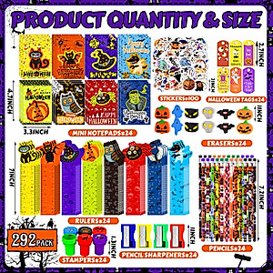 PURPERCAT Halloween Party Favor for Kids, 292 Pcs Large Halloween Stationery Set with Goody Treat Bags, Halloween Bulk Stationery for Class, Stationery Kit, Spooky Halloween Themed Party Gifts Prizes
