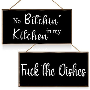 Jetec 2 Pieces Funny Kitchen Signs the Dishes Hanging Wall Art Sign No Bitchin in My Kitchen Rustic Wooden Wall Signs Decorative Wood Sign Home Kitchen Decor, 10 x 5 Inch (Stylish)