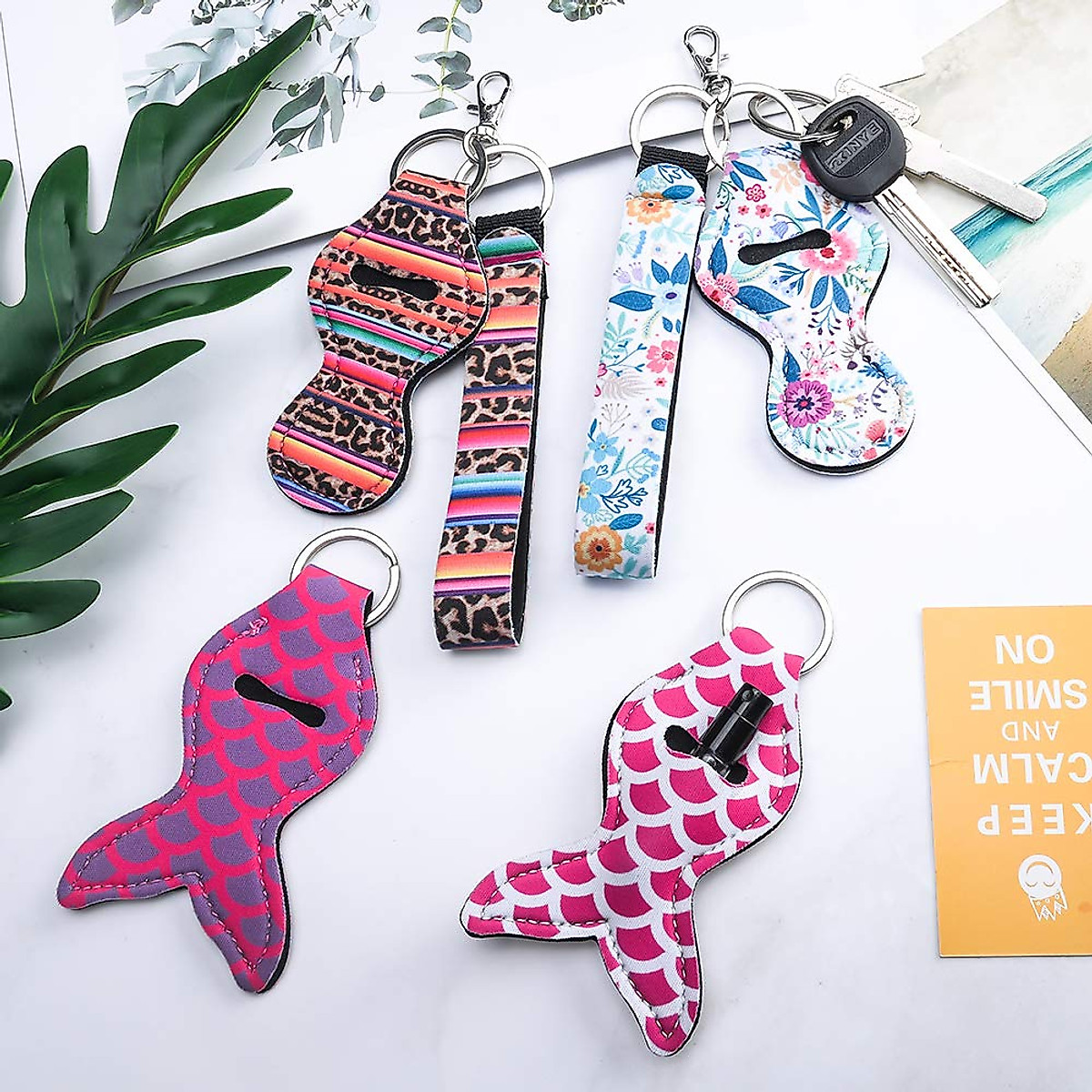 20 Pack Sublimation Blanks Chapstick Holder Keychains, Neoprene Lipstick Holder Keychainr with Lanyards Wristlet and 10 Metal Clip Cords