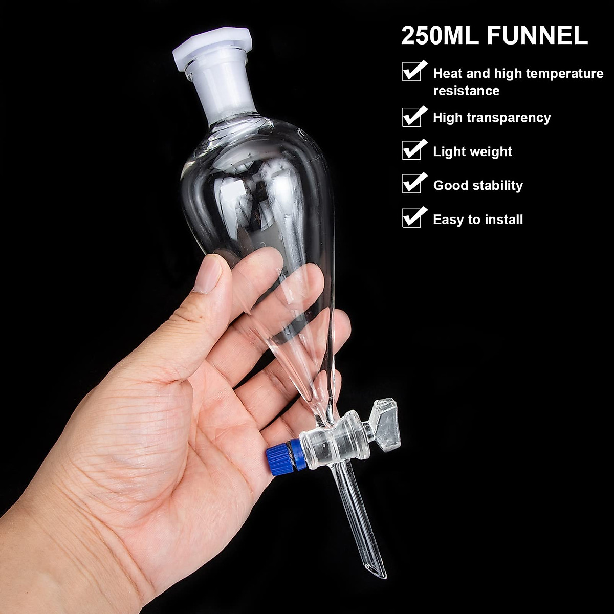 POPETPOP Separating Funnel- 250ml Separatory Funnel Pear Shaped Borosilicate Glass Separatory Funnel Laboratory Separation Funnel Separation Funnel for Lab