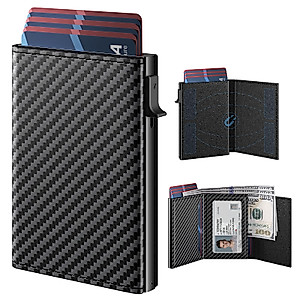 typecase Mens Wallet Card Holder: Pop Up Aluminum Case, Genuine Leather, Smart, RFID Blocking, Slim, Minimalist, Front Pocket - 9-14 Card Capacity | ID Window | Cash Slot (Carbon Fiber)