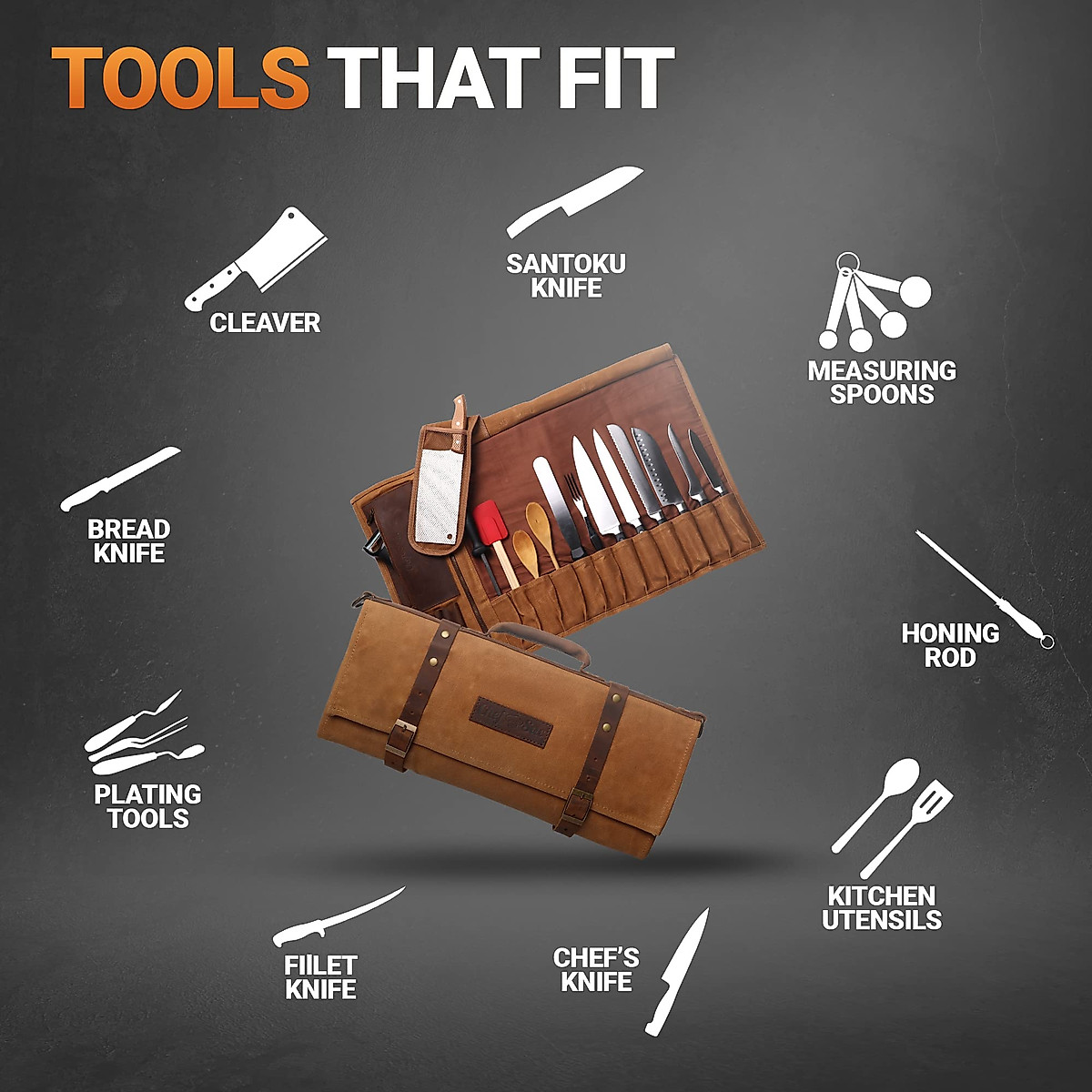 Waxed Canvas Chef Knife Roll Bag with 10-Pack Knife Guards Included