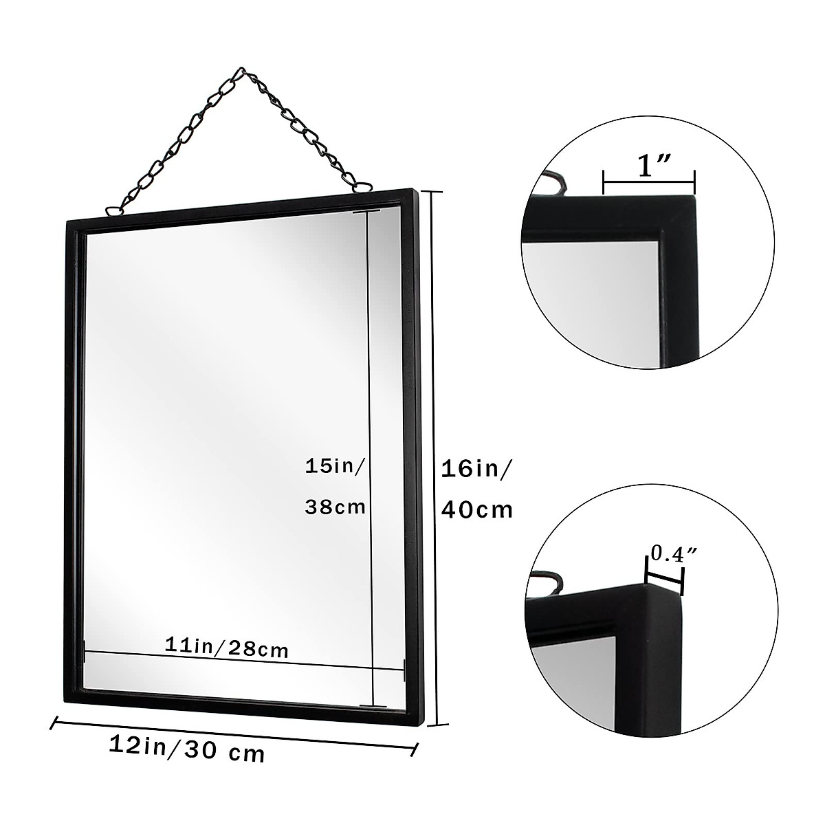 SANY DAYO HOME 12 x 16 inches Real Glass Black Rectangular Mirror with Chain, Metal Framed Small Wall Hanging Rectangle Bathroom Mirror for Home, Door, Nursery Modern Farmhouse Decor