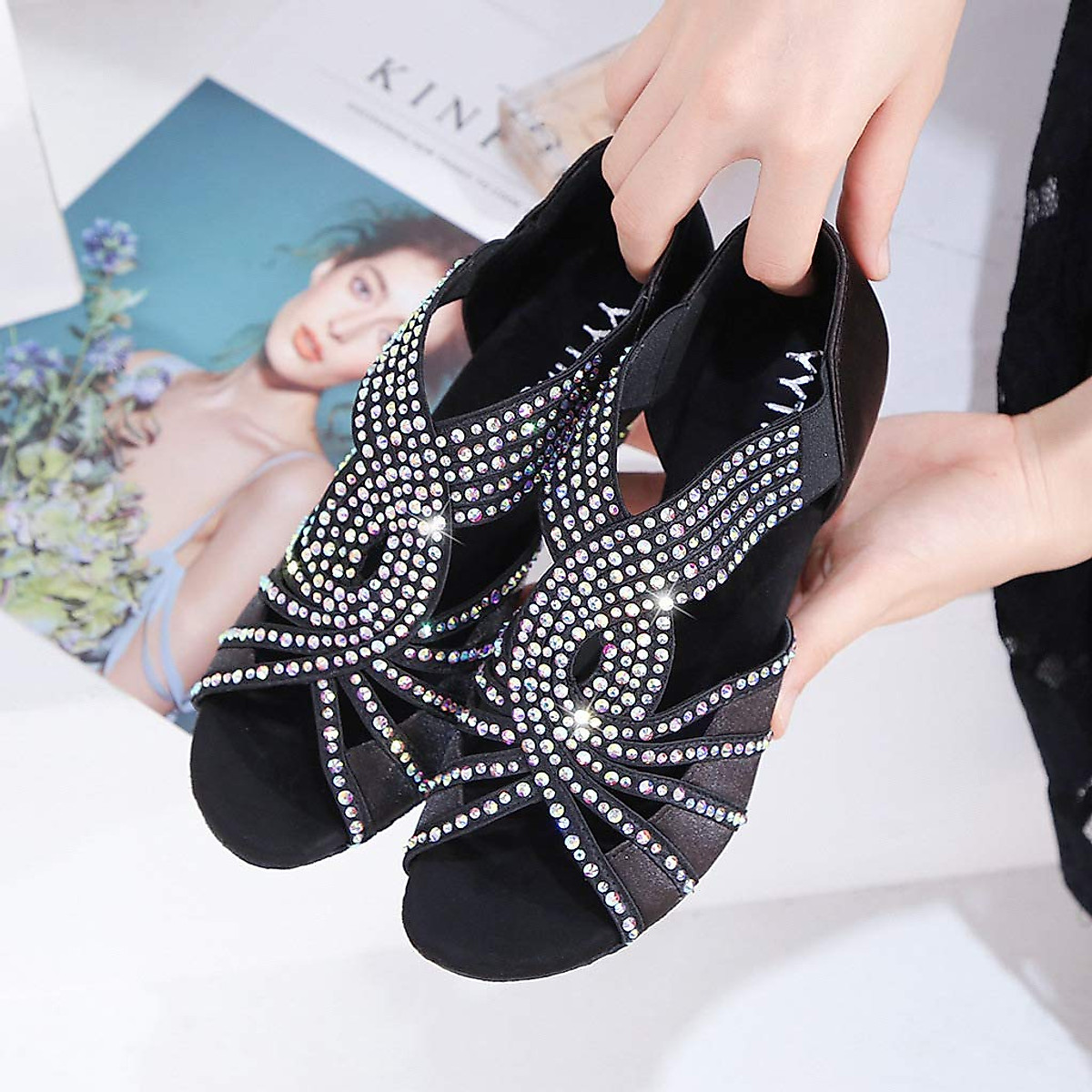 YYTing Full Rhinestones Ballroom Dance Shoes Women Latin Salsa Practice Wedding Indoor Crystals Footwear 2.5in Heels YT06(9,Black)