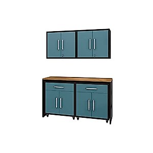 Manhattan Comfort Eiffel 5-Piece Garage Storage Set in Matte Black and Aqua Blue