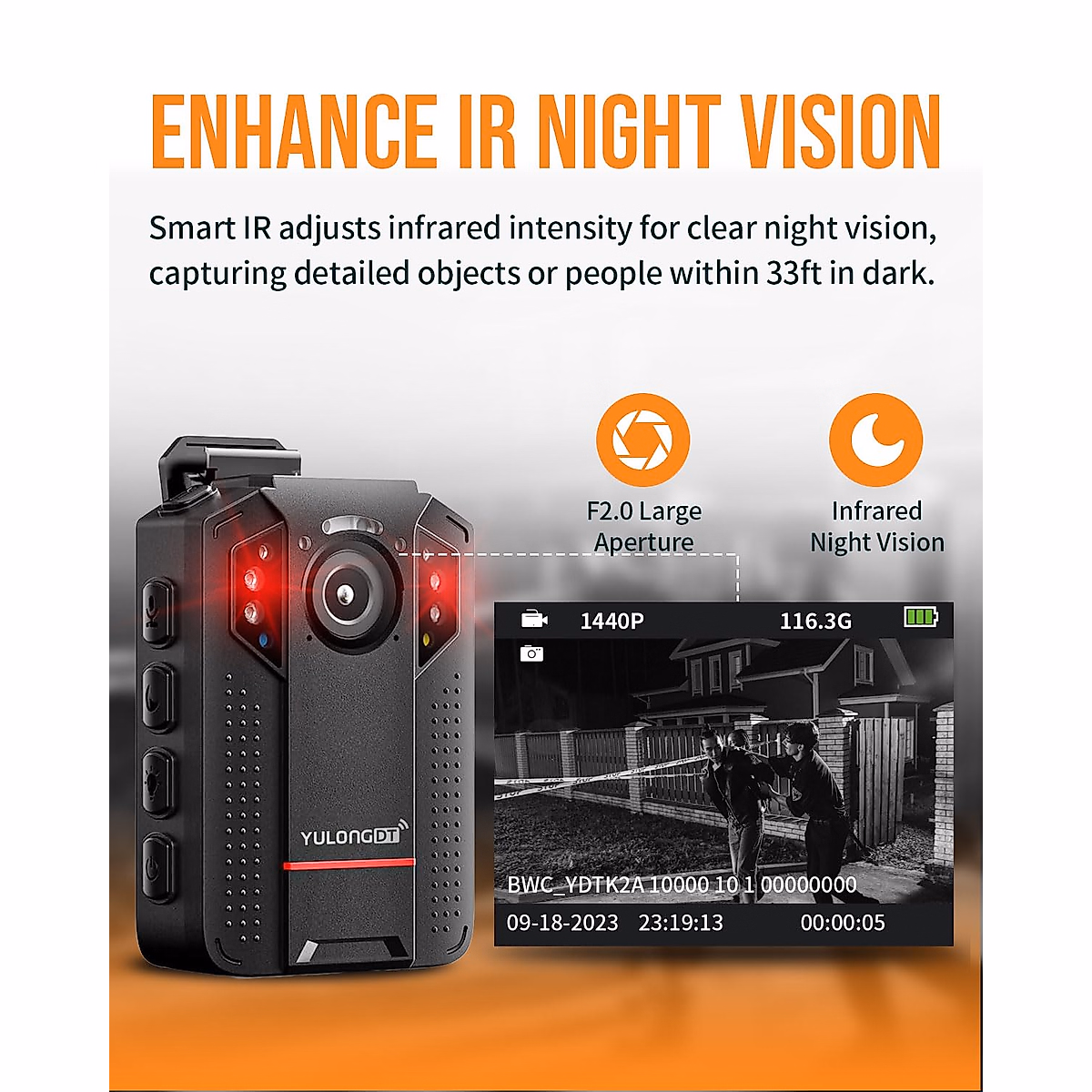 YULONGDT 1440P Body Camera, 128GB Body Cameras with Audio and Video Recording, Wearable Body Camera for Police, Personal, Infrared Night Vision, 3300mAh Battery for Civilian, Law Enforcement