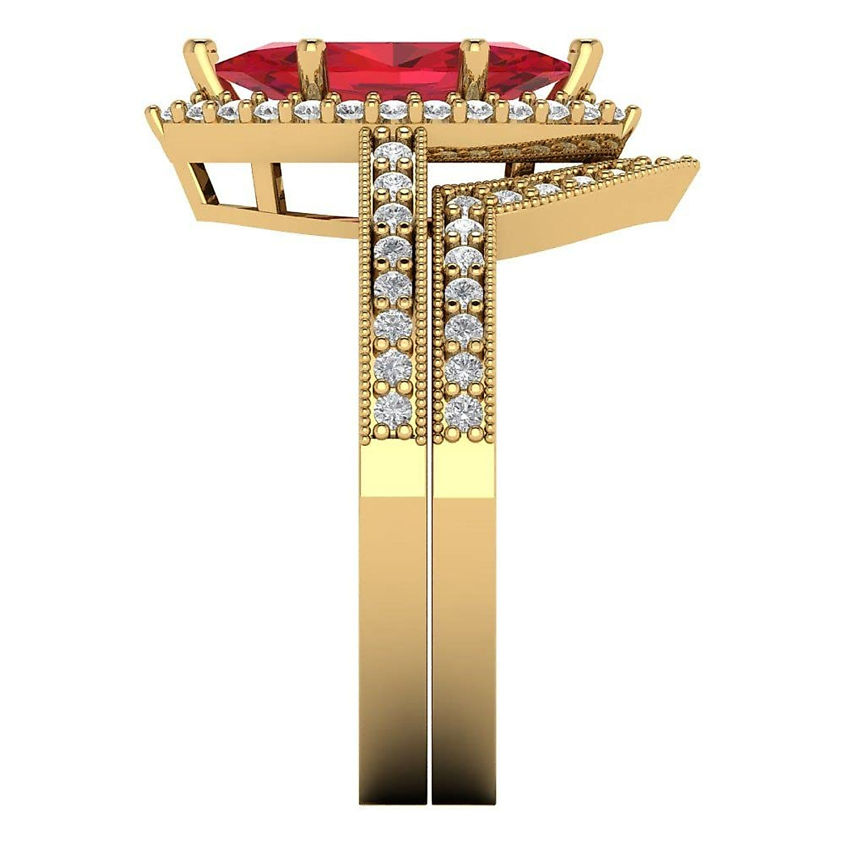 Clara Pucci 2.16ct Marquise Cut Halo Solitaire Simulated Ruby Engagement Promise Anniversary Bridal Ring Band set 18K Yellow Gold 3.5