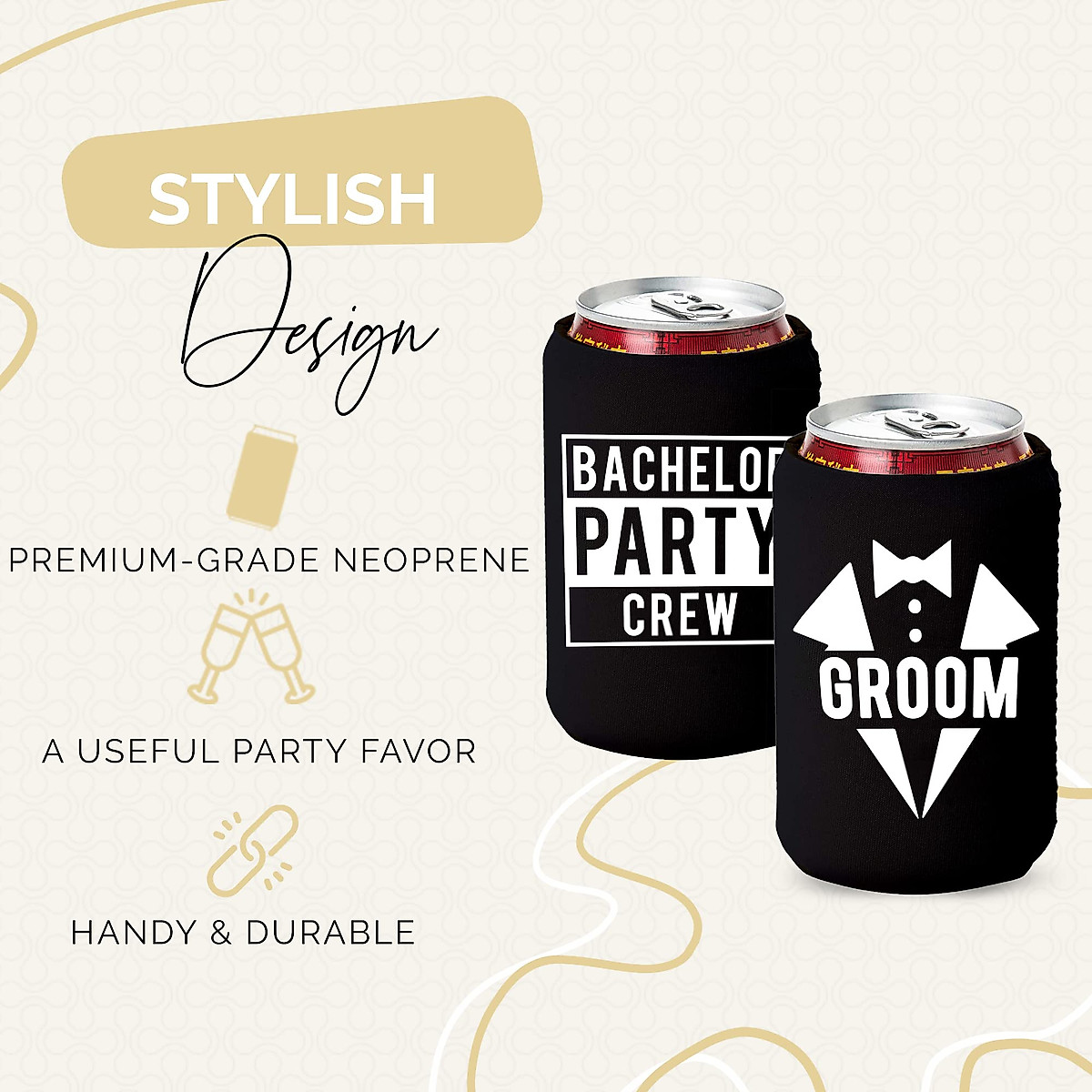 Groom and Bachelor Party Crew Squad Bachelor Party Can Coolers, Set of 12 White and Black Beer Can Coolies, Perfect Bachelor Party Decorations and as Grooms Men Gifts