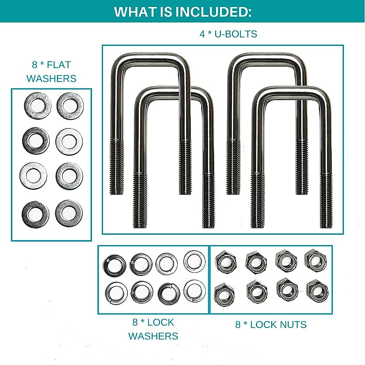 Square U-Bolt, Stainless Steel Square U-Bolt Boat Trailer Ubolts with washers and Nuts, U-Bolts for Sailboat Trailer, Automobiles Trailer Replacement Parts, 4 Pack (D-1/2-13 X W 2-1/16" X L 6-3/4")