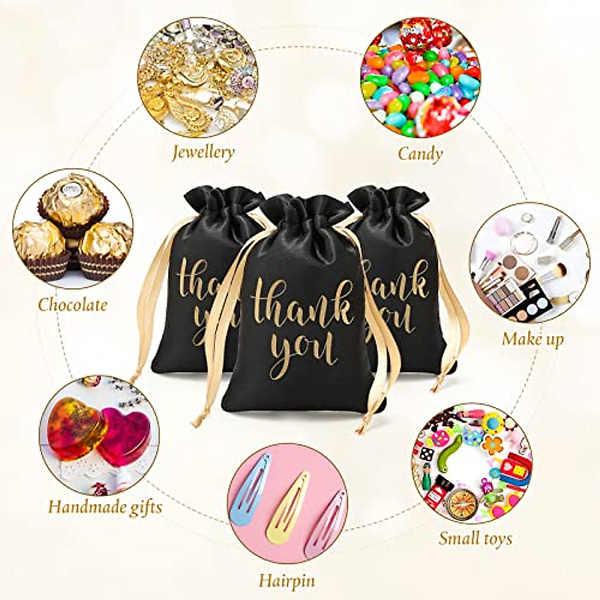 Roowest 100 Pcs Thank You Satin Gift Bags 4 x 6 Inch Drawstring Jewelry Pouches Candy Bag for Wedding Bridal Shower Baby Shower Favor Bags Drawstring Bags for Birthday Holiday Decors (Black)