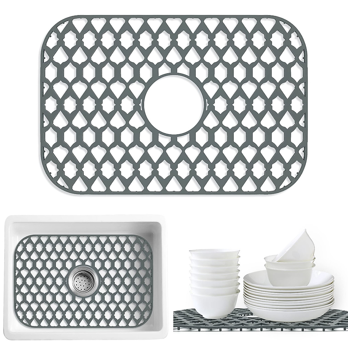 SAMSIER Sink Protectors for Kitchen Sink 13x11&16x12&19x14&22x13&24x13&26x14&28x14&30x16, Large Silicone Sink Mats Grid for Bottom of Farmhouse Stainless Steel Porcelain Sink (19”x13”, Center Drain)