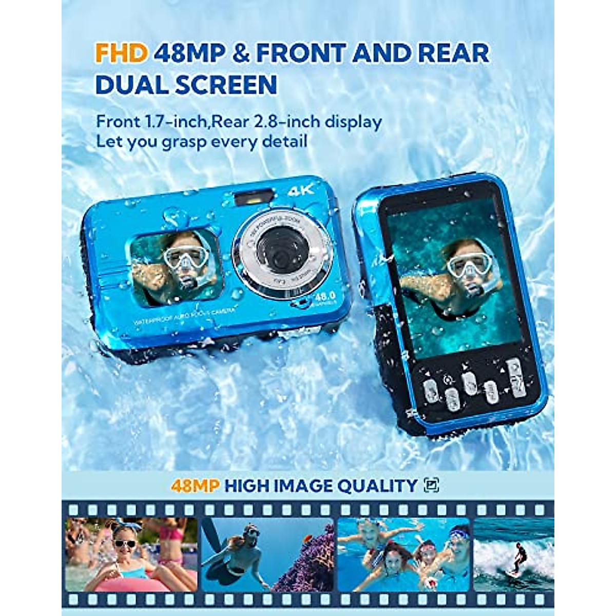 Underwater Camera, 4K 48MP Autofocus Waterproof Digital Camera with Selfie HD Dual Screens, 11FT 16X Digital Zoom Waterproof Camera with 64GB Card, Fill Light Underwater Camera for Snorkeling