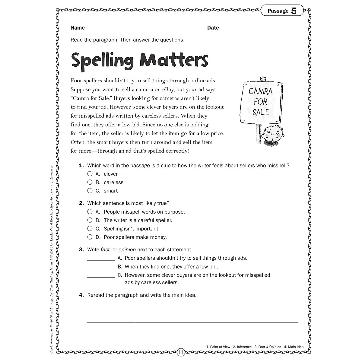 Scholastic Teaching Resources SC-546056 Comprehension Skills Gr 5 40 Short Passages For Close Reading