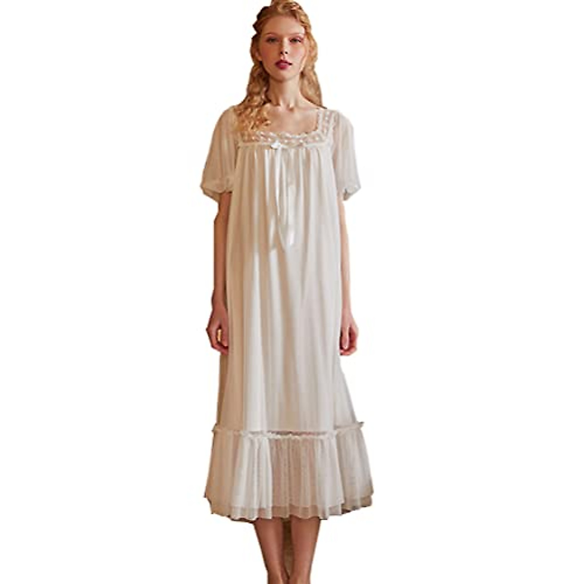 Women's Long Sheer Vintage Victorian Lace Nightgown Sleepwear Pyjamas Lounge Dress Nightwear (white1, small)
