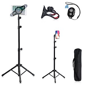 T-SIGN IPad Tripod Stand, Reinforced Foldable Floor Tablet Stand, Height Adjustable 360° Rotating Mount for All 7 to 12 Inches Tablets, Carrying Case, Phone Holder, Bluetooth Remote Control