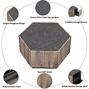 Betoko Industrial Wooden Coffee Table with Storage Drawers Rustic Farmhouse Center Coffee Table for Living Room Office with Cement Pattern Hexagonal Table Top for Small Spaces