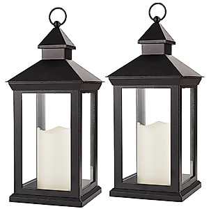 Bright Zeal 2-PACK 14" Black Waterproof Outdoor Lanterns with Flameless Candles and timer - Outdoor Lanterns Battery Powered LED Decorative Waterproof - Black Candle Lanterns Decorative Indoor