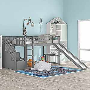 HABUHOME Twin Size Low Loft Bed with Convertible Slide, Stairs with Two Drawers, Stairway Loftbed Frame, for Kids Boys Girls, Gray