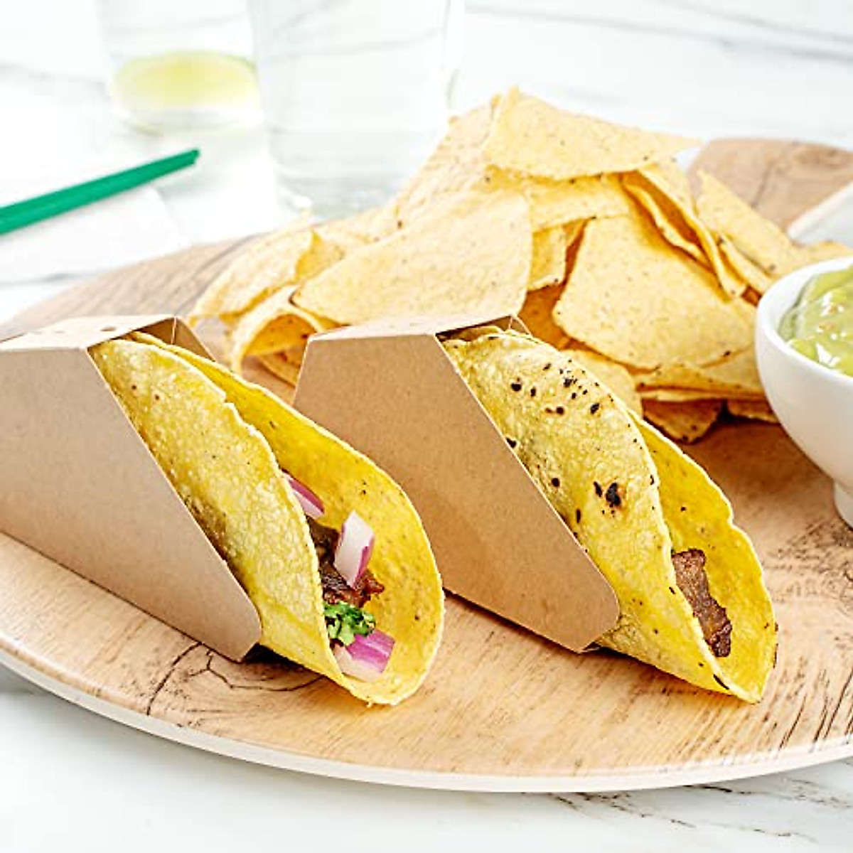 Restaurantware Bio Tek Kraft Paper Small Taco Holder - Greaseproof - 4" x 1 1/4" x 2 1/4" - 200 count box