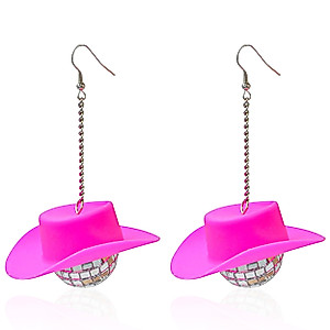 CWVHQ Disco Ball Earrings for Women Mini Western Cowboy Hat Disco Ball Dangle Earrings Mirror Ball Drop Earrings Disco Cowgirl Earrings (style-1)