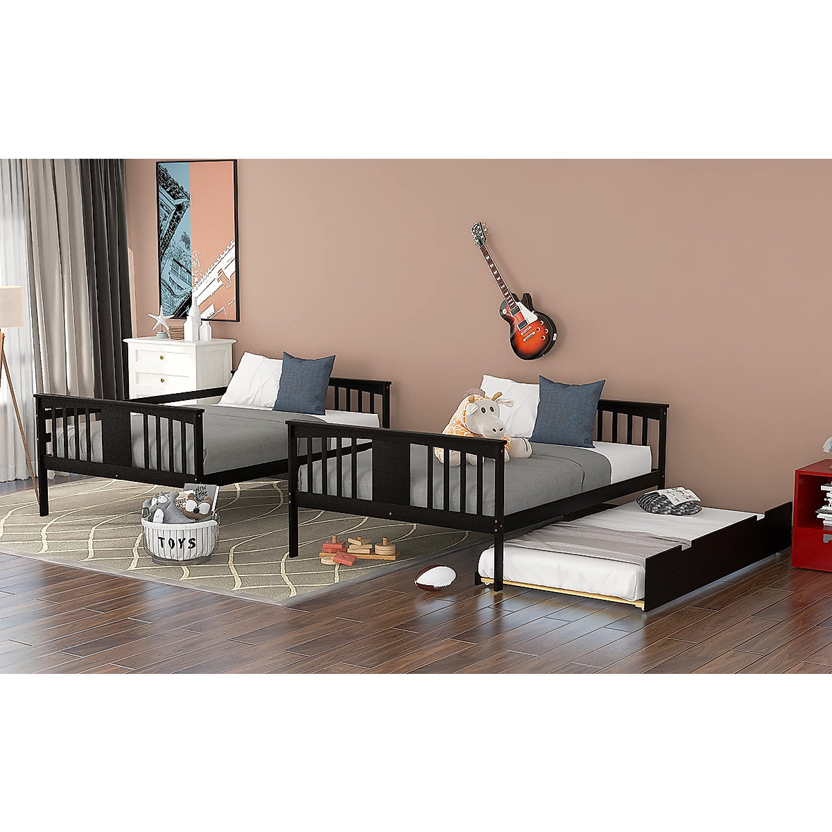 Harper & Bright Designs Full Over Full Bunk Bed with Trundle, Wood Full Size Bed Frame with Ladder and Guard Rail for Teens Bedroom, Guest Room (Espresso)