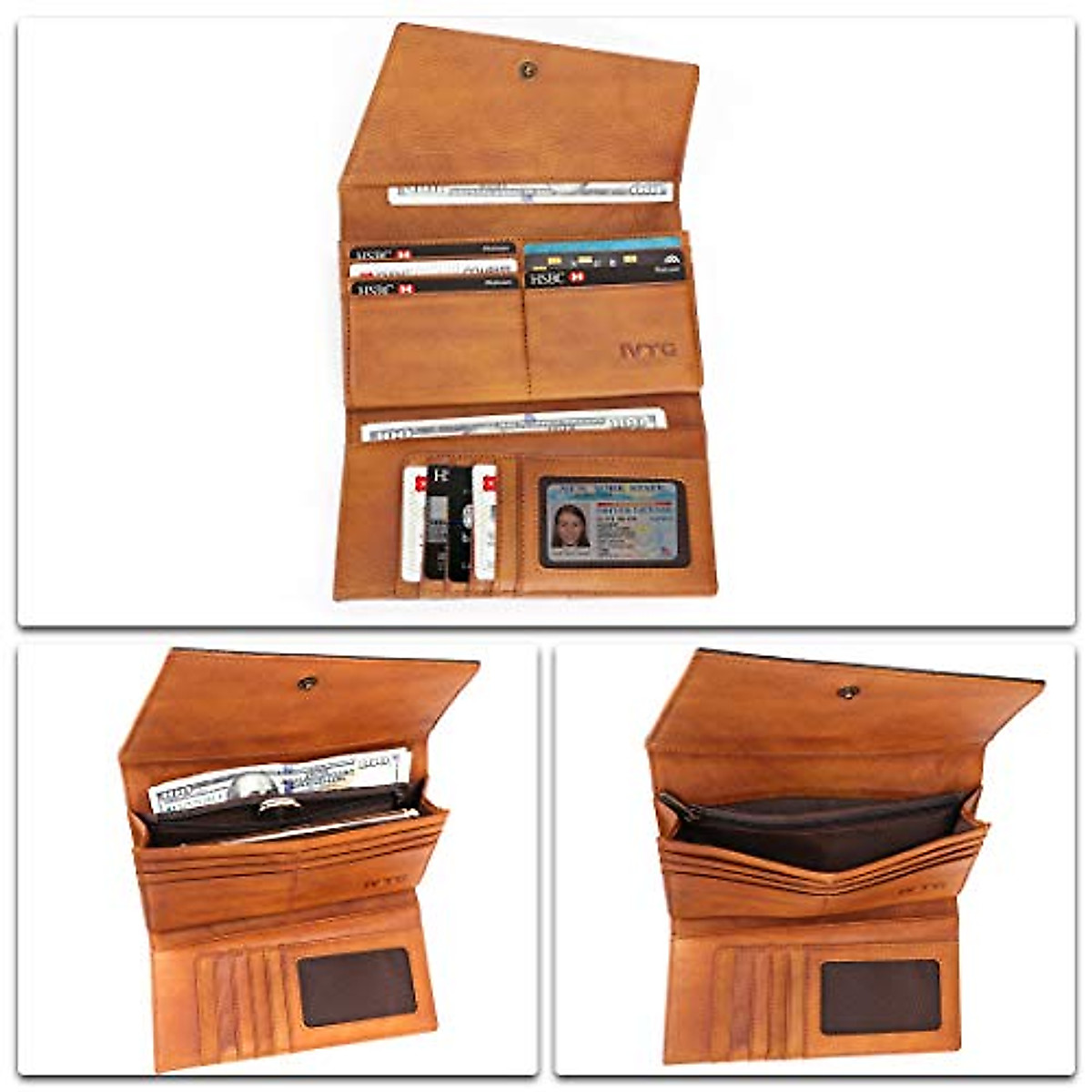 Genuine Leather Wallet RFID Blocking Women Long Purse Vintage Cowhide Handmade Card Holder Organizer (Brown)