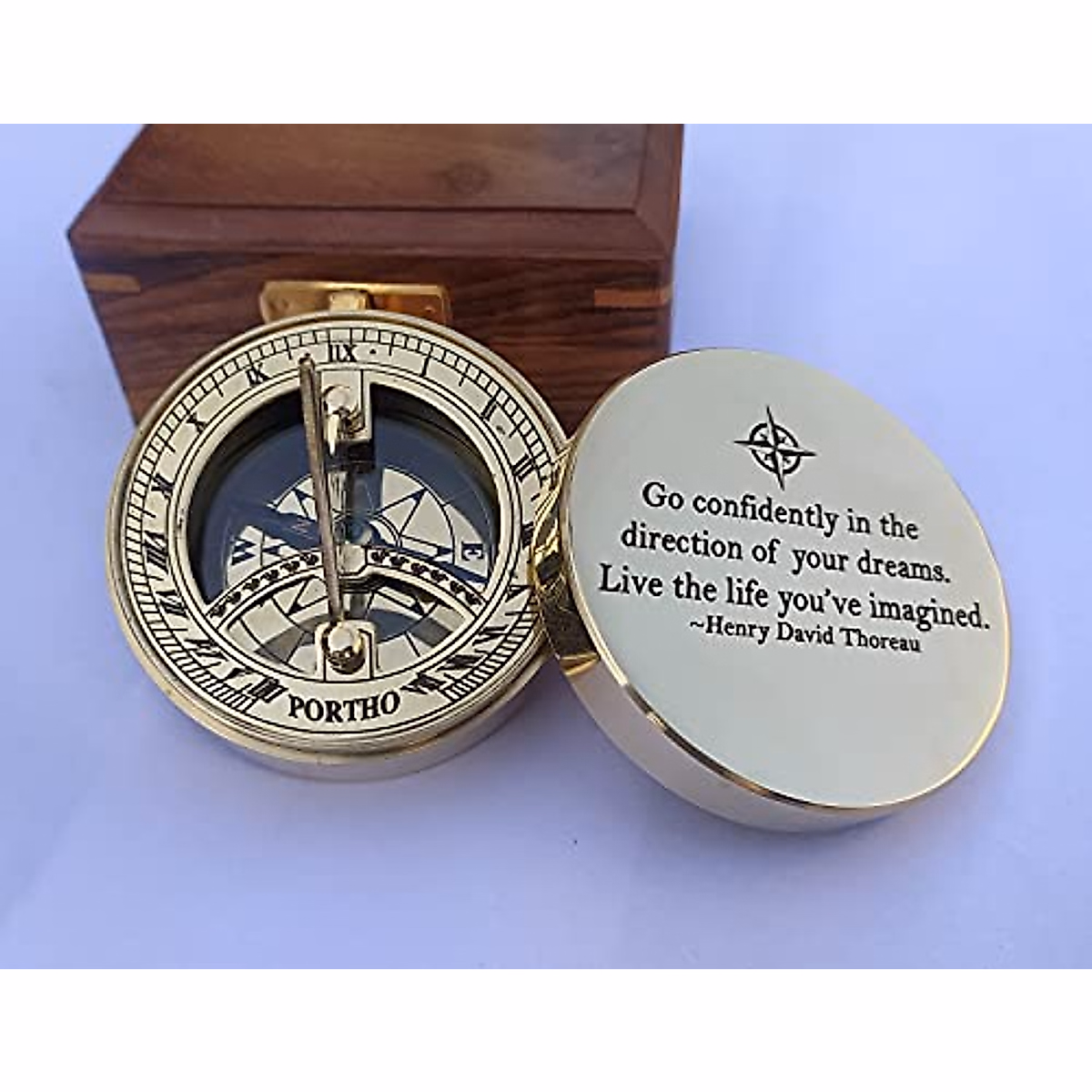 PORTHO Thoreau's Go Confidently graduation Compass with Wooden box, Inspirational graduation gifts, confirmation gifts, first communication gifts, unique gift ideas