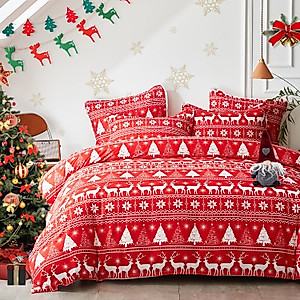 Flysheep Christmas Comforter Set 3 Pieces Twin Size 68x88 inches, Red White Snowflake and Deers Trees Reversible Design, Soft Microfiber Lightweight Bedding Sets for Kids