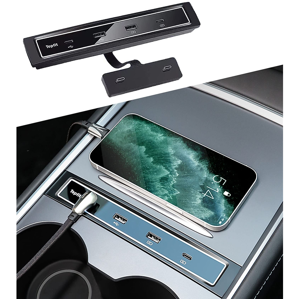 2023-2021 Tesla Model Y Model 3 Docking Station 4 in 1 USB Hub Center Console Adapter Cable Charger Powered Splitter Extension Accessories