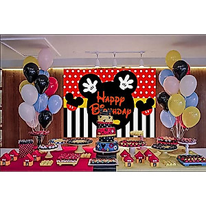 BINARY, Betta Mickey Mouse Photo Backdrop Mickey Happy Birthday Backdrop Red Black Stripes Dots Cartoon Mouse Backdrops for Baby Birthday Party Cake Table Background 6x4ft