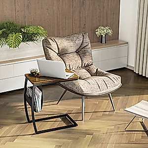 SRIWATANA Side Table End Table, Vintage C Shaped Couch Table with Side Pocket for Sofa Laptop Coffee Snack, Walnut