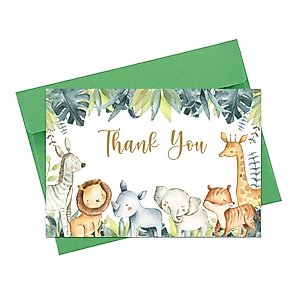 Buerhanerry 50 Safari Thank You Cards, 4x6 Jungle Animals Baby Shower Thank You Cards, Safari Themed Birthday Thank You Notes