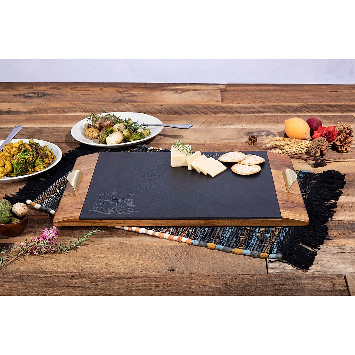PICNIC TIME Disney Winnie The Pooh Covina Acacia and Slate Serving Tray, Charcuterie Board Set, Cheese Board, (Acacia Wood & Slate Black with Gold Accents)