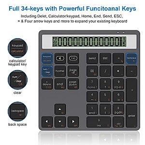 Bluetooth Number Pad - 2.4G Wireless Numeric Keypad with Display Calculator - Wireless Number Pad Slim 34-Key Portable Financial Accounting Numpad Data Entry & Calculation 2in1 for Laptop Desktop PC