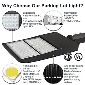 300W LED Parking Lot Light 42000 LM Commercial Outdoor Light 5000K 1-10V Dimmable LED Shoebox Area Light (1000W HID/HPS Equivalent), Yoke Mount IP65 100-277V AC, UL&DLC Listed