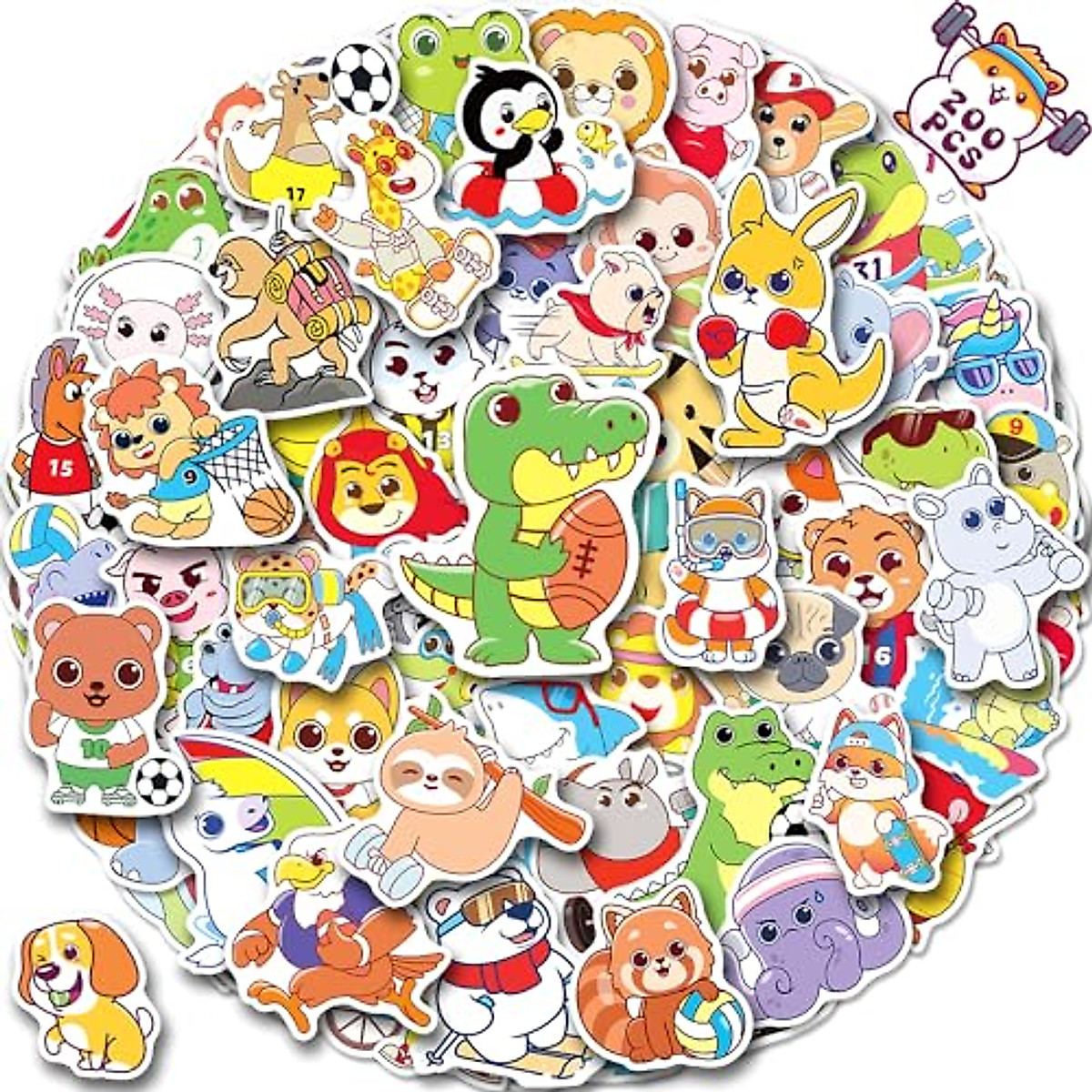 WAKEMOODEI 200PCS Cute Sports Animal Stickers for Kids, Kawaii Animal Stickers for Water Bottles Waterproof Vinyl Stickers Animals Aesthetic Sticker Packs for Girls Boys Teens