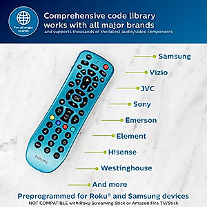 Philips Universal Remote Control Replacement for Samsung, Vizio, LG, Sony, Sharp, Roku, Apple TV, RCA, Panasonic, Smart TVs, Streaming Players, Blu-ray, DVD, Simple Setup, 3 Device, Blue, SRP3249B/27