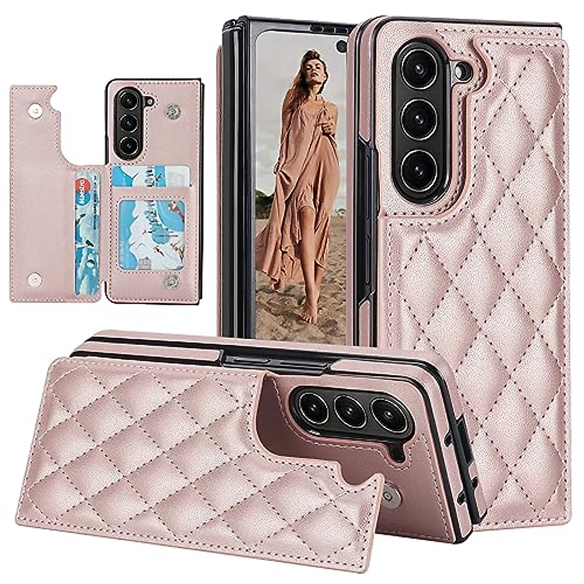 Ephoou Flip Wallet Case Compatible with Samsung Galaxy Z Fold 5 for Women, Luxury PU Leather Shockproof Cover Case with Card Holder (Kickstand Function) for Samsung Galaxy Z Fold5 SKG-Rose Gold