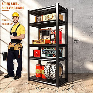 Raybee 72" Garage Shelving Heavy Duty, 2010LBS Garage Storage Shelves with 5 Tier Adjustable Metal Shelving Unit,Heavy Duty Shelving,Metal Storage Shelves for Basement,Easy Assembly,16.3"DX31.7"WX72"H