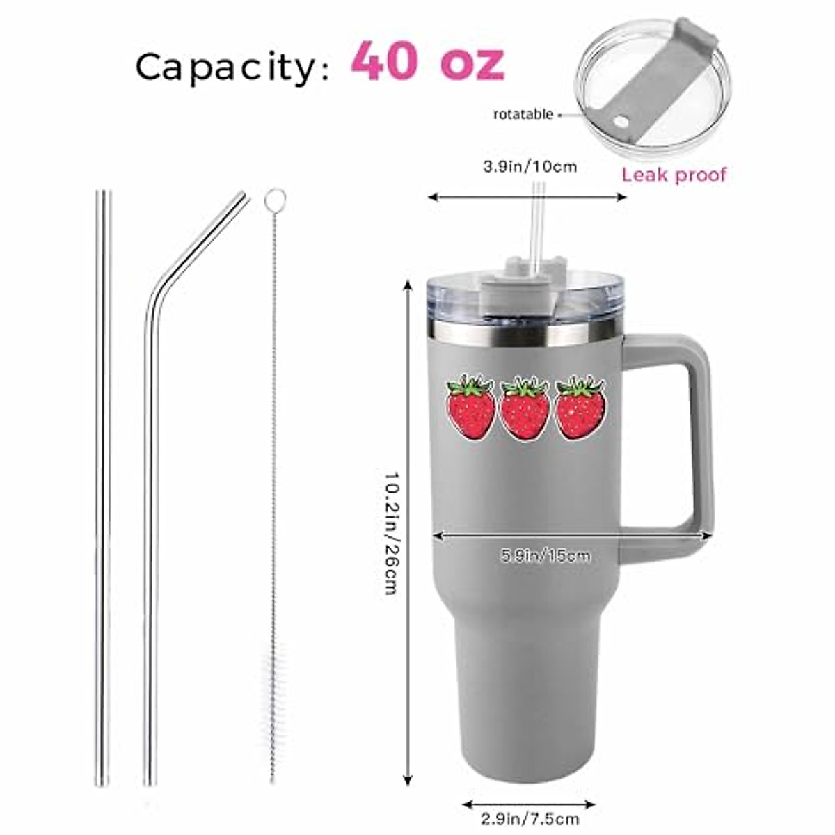 40 ounce insulated cup with handle, double-layer vacuum stainless steel material, equipped with straw, can keep warm or maintain cold drinks Strawberry Fruit 1 grey