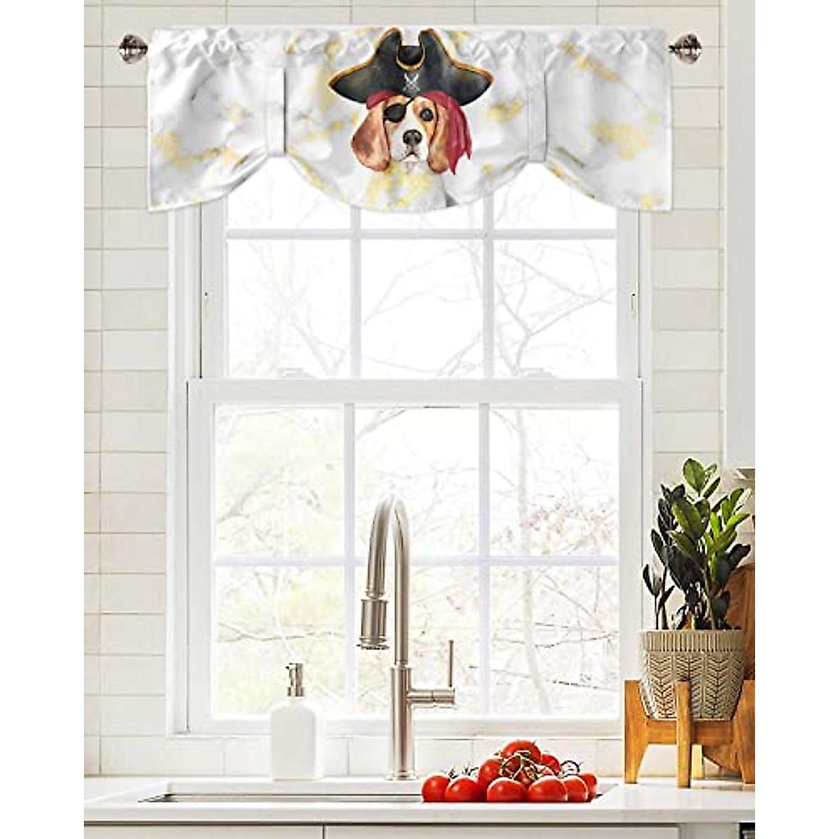 Tie Up Curtain Valance for Kitchen,Abstract Geometric Pirate Dog White Gold Marble Window Valances Adjustable Tie-up Shade Valance,Cartoon Animal Rod Pocket Short Curtains for Bathroom 54x18in