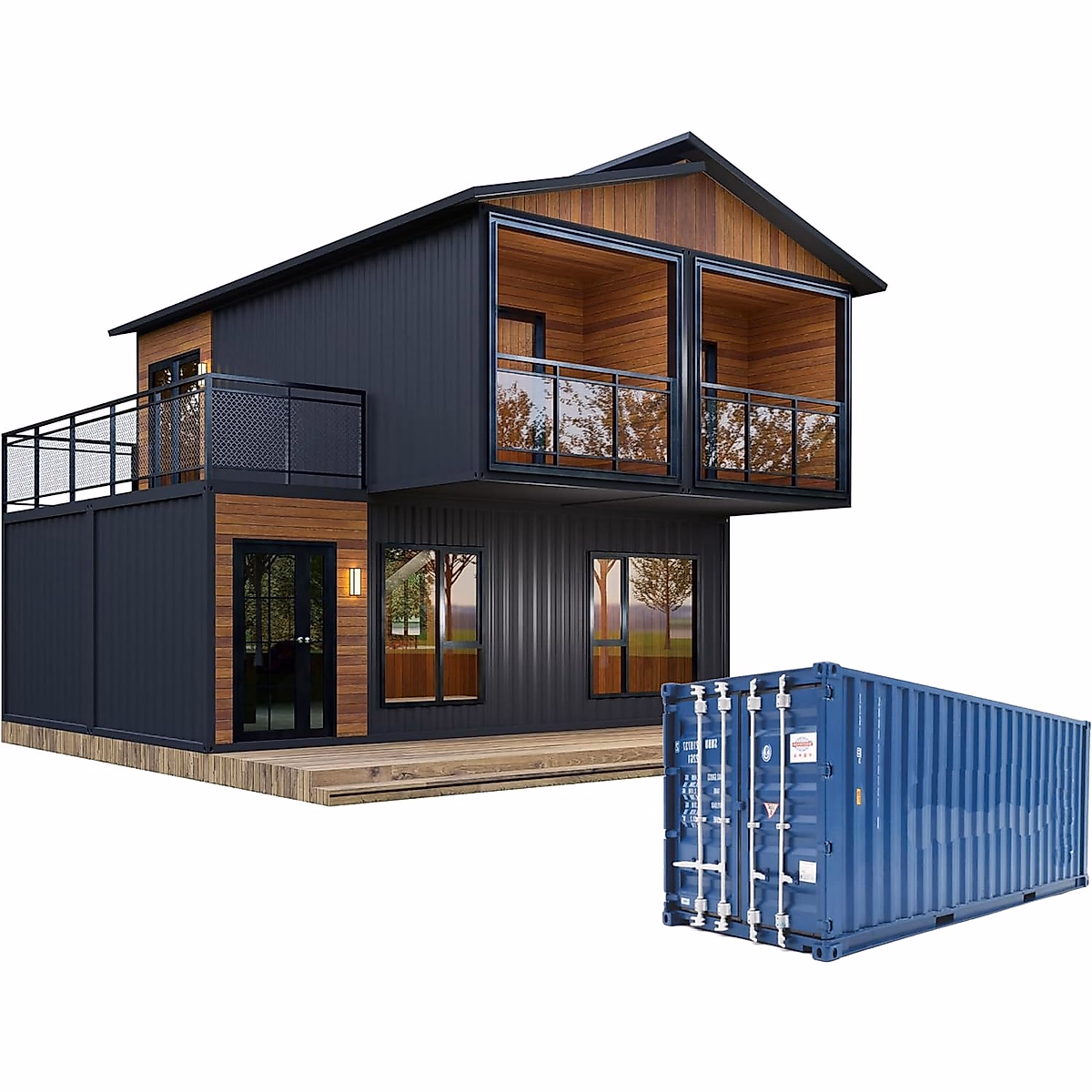 Double Story Container House 5 Room Prefab Tiny Home to Live in for Adults Mini Foldable Mobile Home Modular Guest Homes kit casas prefabricadas para Vivir with Water & Electricity Terrace