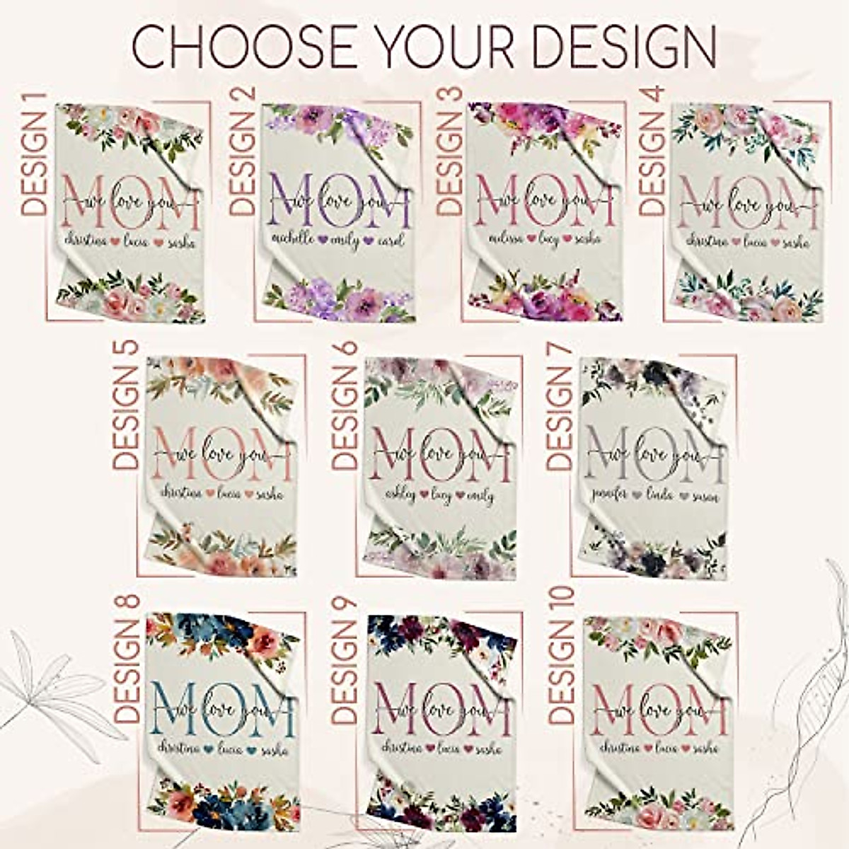 Lily's Atelier Personalized Mom Blanket with Names - 9 Floral Designs, 40 X 60 - Mom We Love You Custom Throw Blanket - Gifts for Mom from Daughter, Son, Birthday Gifts for Mom, Grandma
