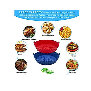 6.7 inch reusable silicone air fryer baskets; heat-resistant simple to clean. Silicone Pot for Air Fryer Oven Accessories, (Blue + Red)